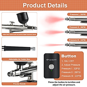 ORTRVYQ Airbrush Kit, Rechargeable Cordless Airbrush Compressor 0.3mm Nozzle 32PSI High Pressure Air Brush Set for Cake Decor, Barber, Tattoo, Nail Art, Makeup, Model Painting Black