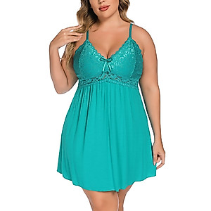 Ababoon Plus Size Lingerie for Women Lace Modal Chemises Nightgown V-Neck Full Slip Babydoll Sleepwear Size L-4XL (Turquoise,Large)