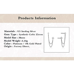 Round CZ Flower Double Piercing Studs With Chain Cuff 925 Sterling Silver Earrings for Women Teen Girls Cartilage Two Holes Tassel Threader Dangle Drop Hypoallergenic Climber Crawler Cute Dainty