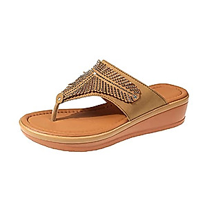 Ladies Fashion Summer Solid Leather Rhinestone Decorative Clamping Toe Slope Heel High Heel Wedges Sandals for Women (Khaki, 8)