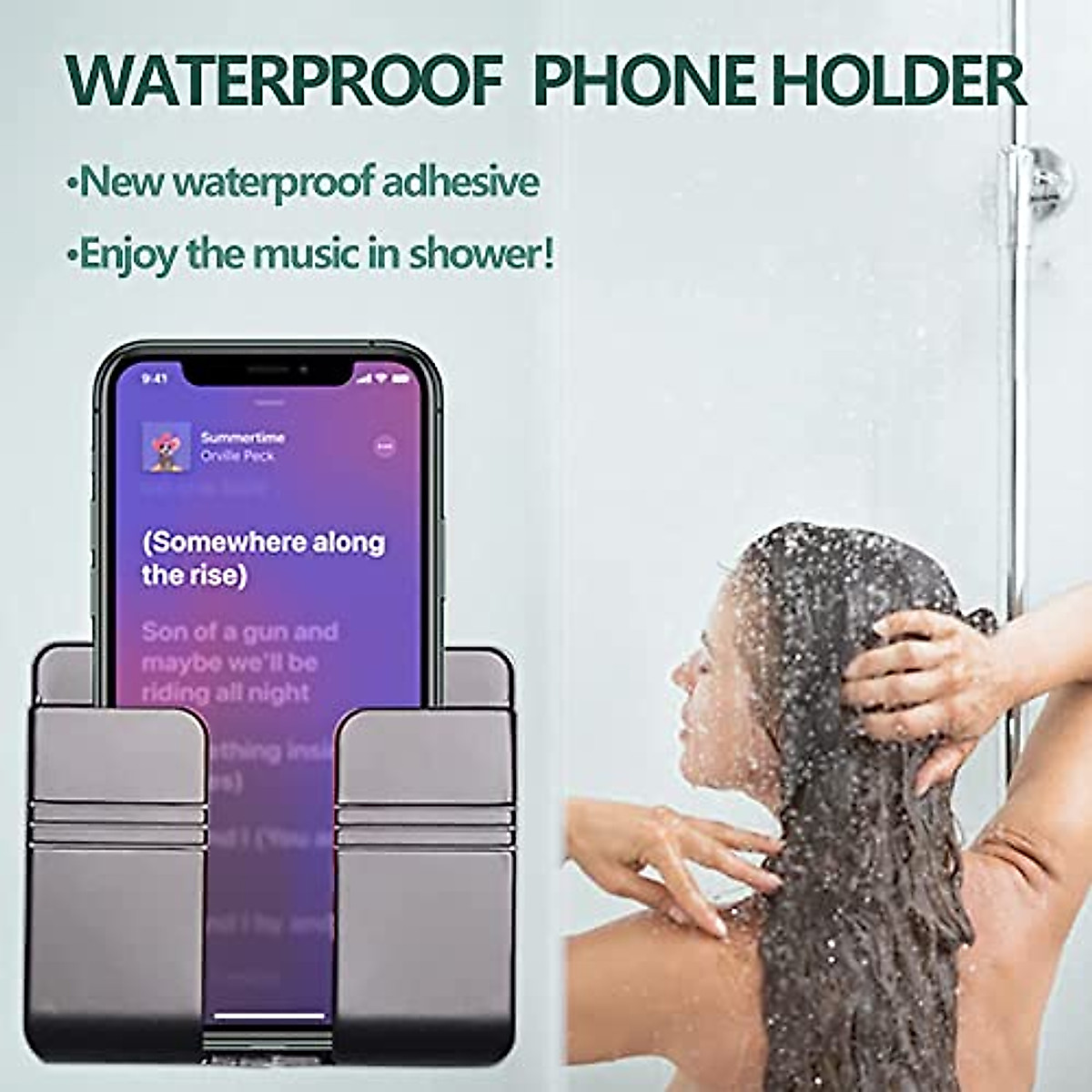 CEI&BPY Wall Mount Phone Holder, Phone Stand with Adhesive and Data Cable Receiving Hole, Cell Phone Holder for Charging,Bedroom, Compatible with iPhone and Android (Black)