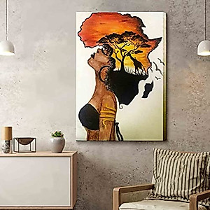Framed African American Wall Art Homesick African Woman Posters Canvas Painting Black Girl Abstract African Sunset Landscape Wall Decor Picture Prints Art for Living Room Bedroom Home Decoration
