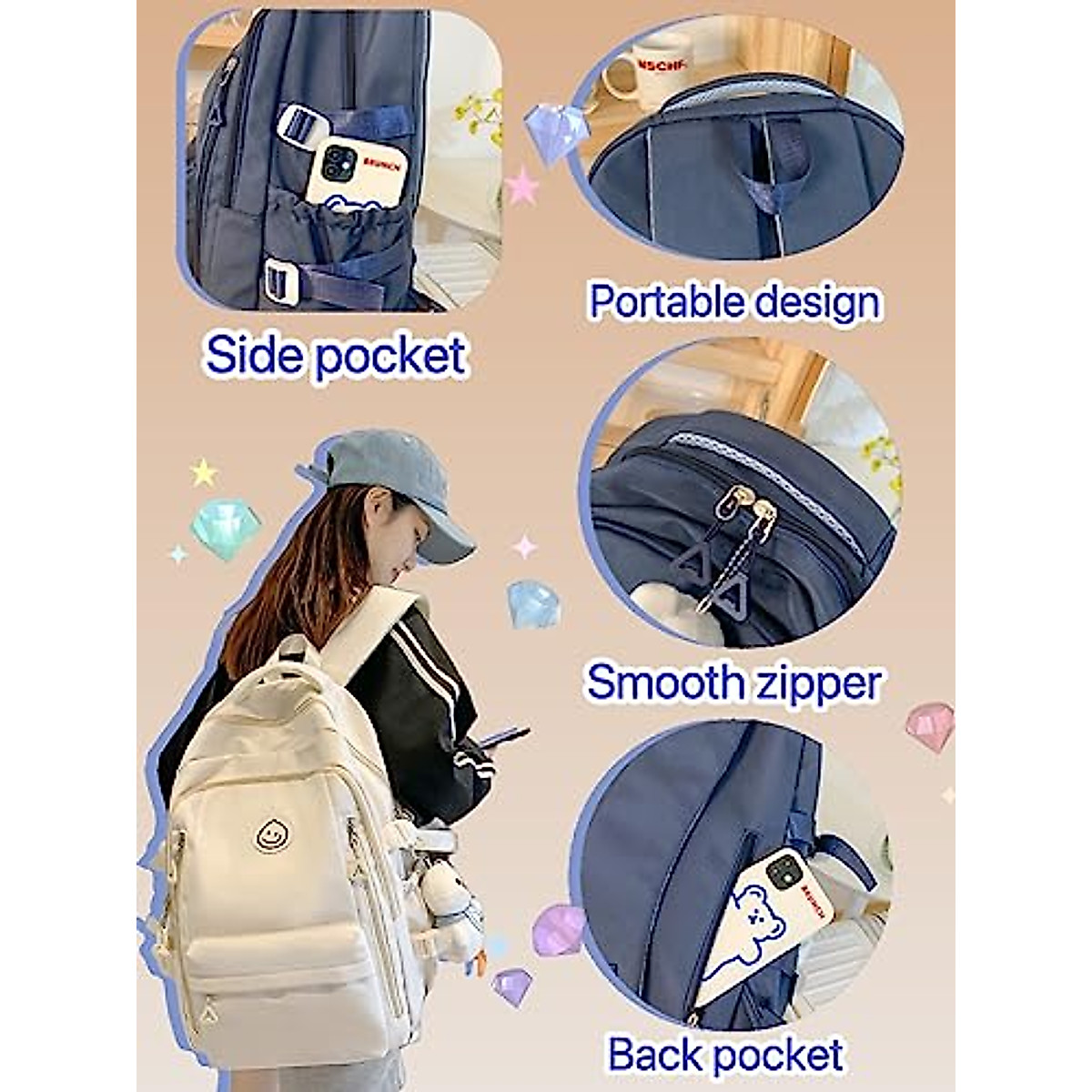 Romlvy Kawaii Backpack with Cute Accessories Classic Multi Pockets Large Capacity Daypack Practical Aesthetic Backpack (Black)