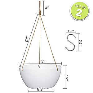 SwinDuck 13 Inch 2 Pack Large Hanging Planters for Indoor Outdoor Plants, Plastic Hanging Basket Pots for House Plants Flowers, White