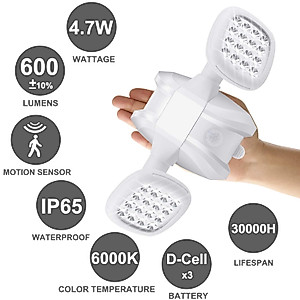 HONWELL Motion Sensor Light Outdoor Battery Powered Outside Security Flood Light Cordless IP65 Waterproof 32 LED Dual Head Spotlights, Motion Detector Lights for House Garage Porch Garden Shed