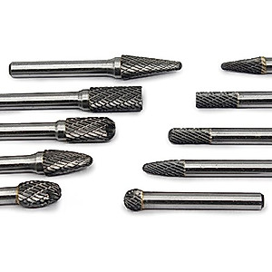 Carbide Burr Set JESTUOUS 1/4 Inch Shank Diameter Double Cut Tungsten Carbide Cutting Burrs Rotary Files Bits for Die Grinder Metal Grinding Woodworking Drilling Carving,10pcs