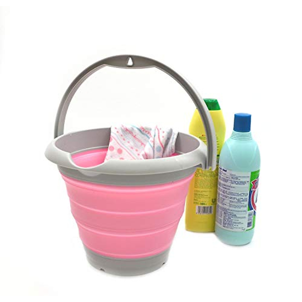 SAMMART 5L / 1.32 Gallon Collapsible Plastic Bucket - Foldable Round Tub - Portable Fishing Water Pail - Space Saving Outdoor Waterpot (5L Round, Grey/Pink)