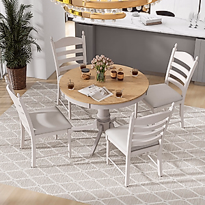 Bellemave Round Dining Room Table Set Extendable Dining Table Set for 4-6 Farmhouse Circle 5 Piece Kitchen Table and Chairs Wood Dinner Table Set for 4, Off White