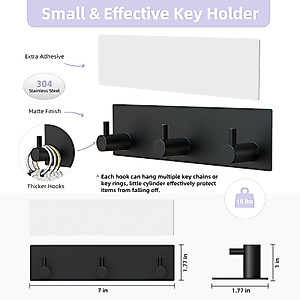VIS'V Key Holder Wall Mount, Matte Black Self Adhesive Key Hanger Metal Small Key Rail with 3 Key Hooks Key Rack Keychain Holder with Extra Adhesive for Entryway Hallway Doorway Camper