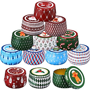 Yungyan Christmas Candle Tin Cans Set Metal Candles Tin Gifts Jars with Lids 8 oz Christmas Cookie Tins Candle Containers for Candle Making Storing Biscuits Tea Party Favors (12 Pcs)