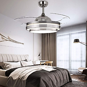 Southerns Lighting 42" Invisible Ceiling Fan with Retractable Blades and Remote Ceiling Fan Light Kit for Bedroom Livingroom Low Profile Kitchen eCiling Fan with Light (Silver-04)