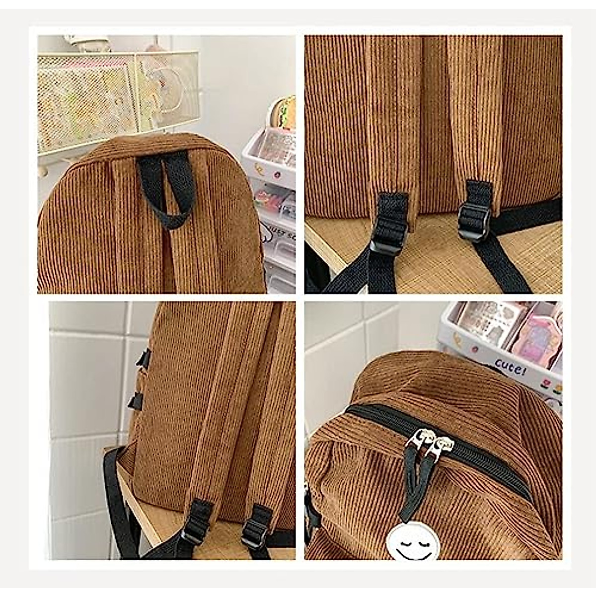 JHTPSLR Preppy Backpack Smiley Face Corduroy Backpack Cute Academia Aesthetic Backpack Autumn Corduroy Backpack Solid Book Bags (Sage Green)