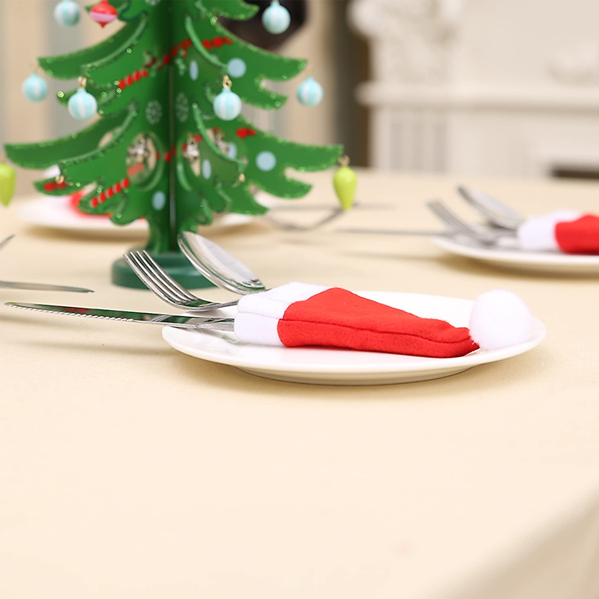 Gentlife 32 Pieces Christmas Mini Santa Hats Silverware Holders, Wine Bottles Cover, Handmade Xmas Party Dinner Table Dinnerware Decorations Supplies Flatware Decor