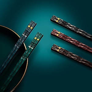 HELERKOL 5 Pairs Fiberglass Multicolor Dark Color Chopsticks Carved Gold Glitter Patch Chopsticks Reusable Non-Slip Lightweight Chinese Japanese Korean Chopsticks Dishwasher Safe, 9.6 Inch long