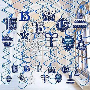 36pcs 15th Birthday Decorations Hanging Swirls Party Supplies for Boys, Silver Blue 15 Year Old Birthday Hanging Decor, Happy Fifteen Birthday Foil Ceiling Swirl Sign Décor