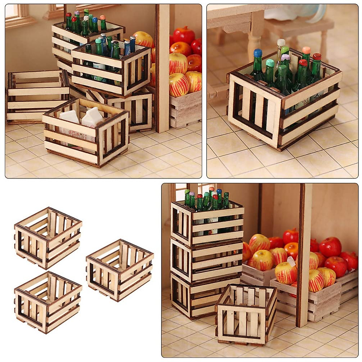 Kisangel 3Pcs Dollhouse Crate Wooden Miniature Milk Crate Fruit Basket Dollhouse Miniature Decoration Micro Landscape Ornament for Fairy Garden Decor