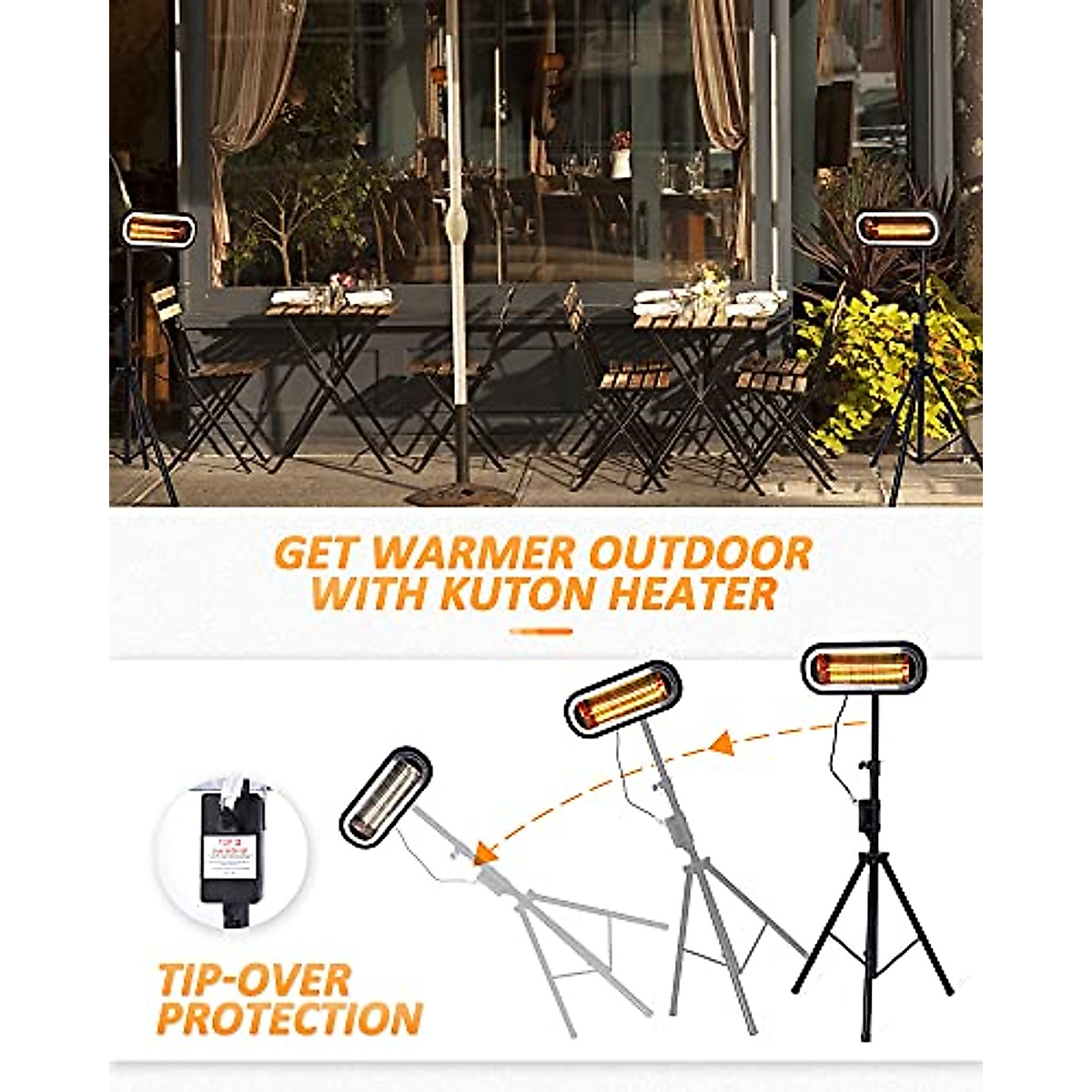 KUTON Outdoor Electric Heater, 1500W Infrared Patio Heater, Standing Indoor Heater with Telescopic Tripod, Tip-Over & IP65 Waterproof For Garage Backyard, Angle Adjustable, YD-SH-B