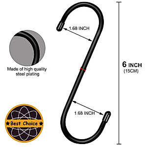 Dreecy 6 Inch Black Large SHooks for Hanging Clothes,Heavy Duty Thicker S Shaped Hooks for Hanging Plant Pans Jeans Towels Bags Cups Birdfeeder Extension S Shaped Hooks for Home,Kitchen,Garden,Patio