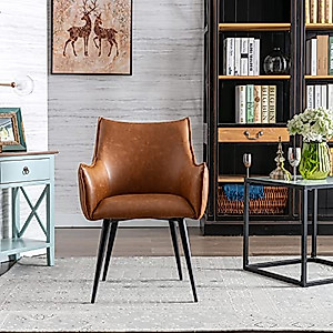 ZSARTS Brown Leather Dining Chair Modern Accent Chair Armchair Comfy Upholstered Living Room Chair Side Chair Desk Chair with Metal Legs for Kitchen Bedroom Small Corner,Brown
