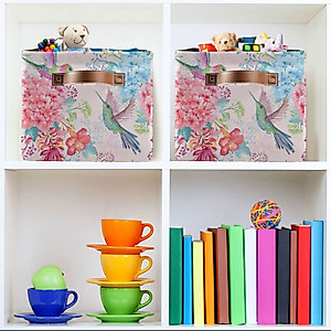 Kigai Flowers Hummingbirds Large Square Storage Basket Bin with Handles 1PCS,Foldable Multi Functional Closet Storage Box Shelf Basket for Storing Toys, Books and Clothes