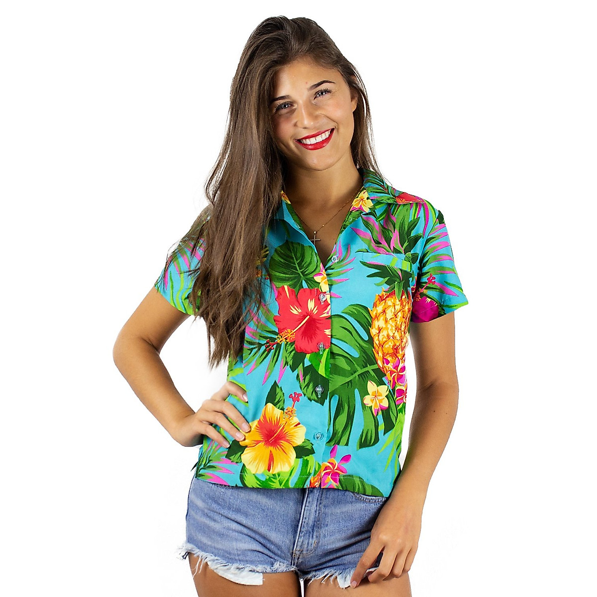 KING KAMEHA Women's Summer-Party-Blouses-Shirts Short-Sleeve, Pineapple, Turquoise, L