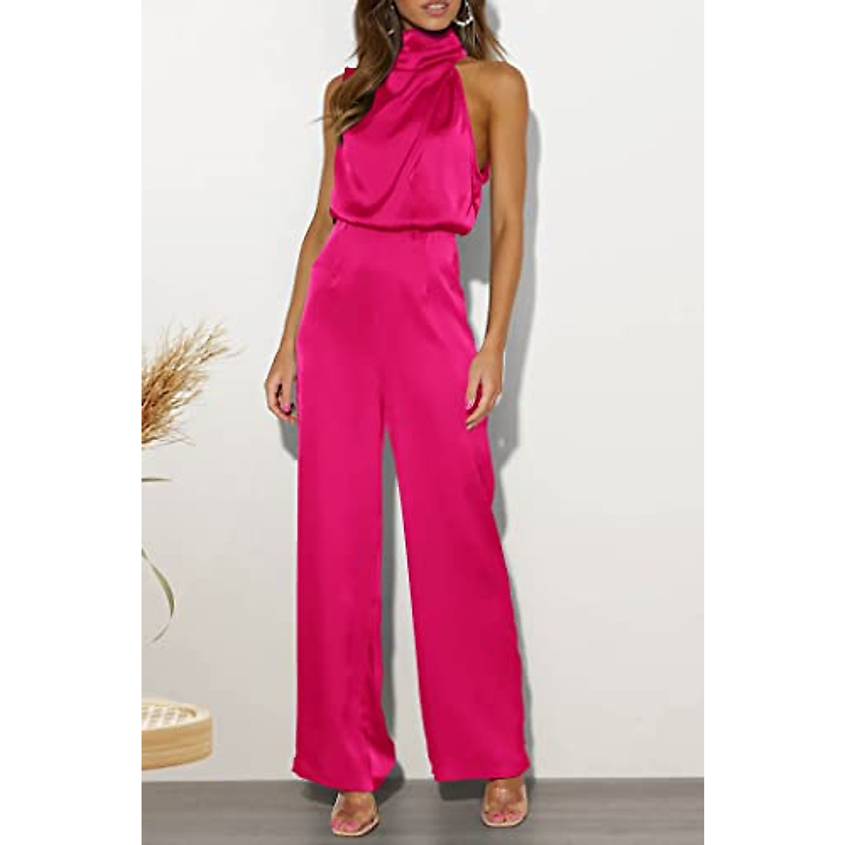 PRETTYGARDEN Women's Satin Jumpsuits 2024 Summer One Piece Outfits Mock Neck Sleeveless Wide Leg Pants Rompers (Rose Red,Medium)