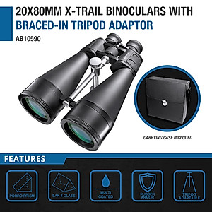 BARSKA X-Trail 20x80 Binocular with Braced-in Tripod Adapter , Black