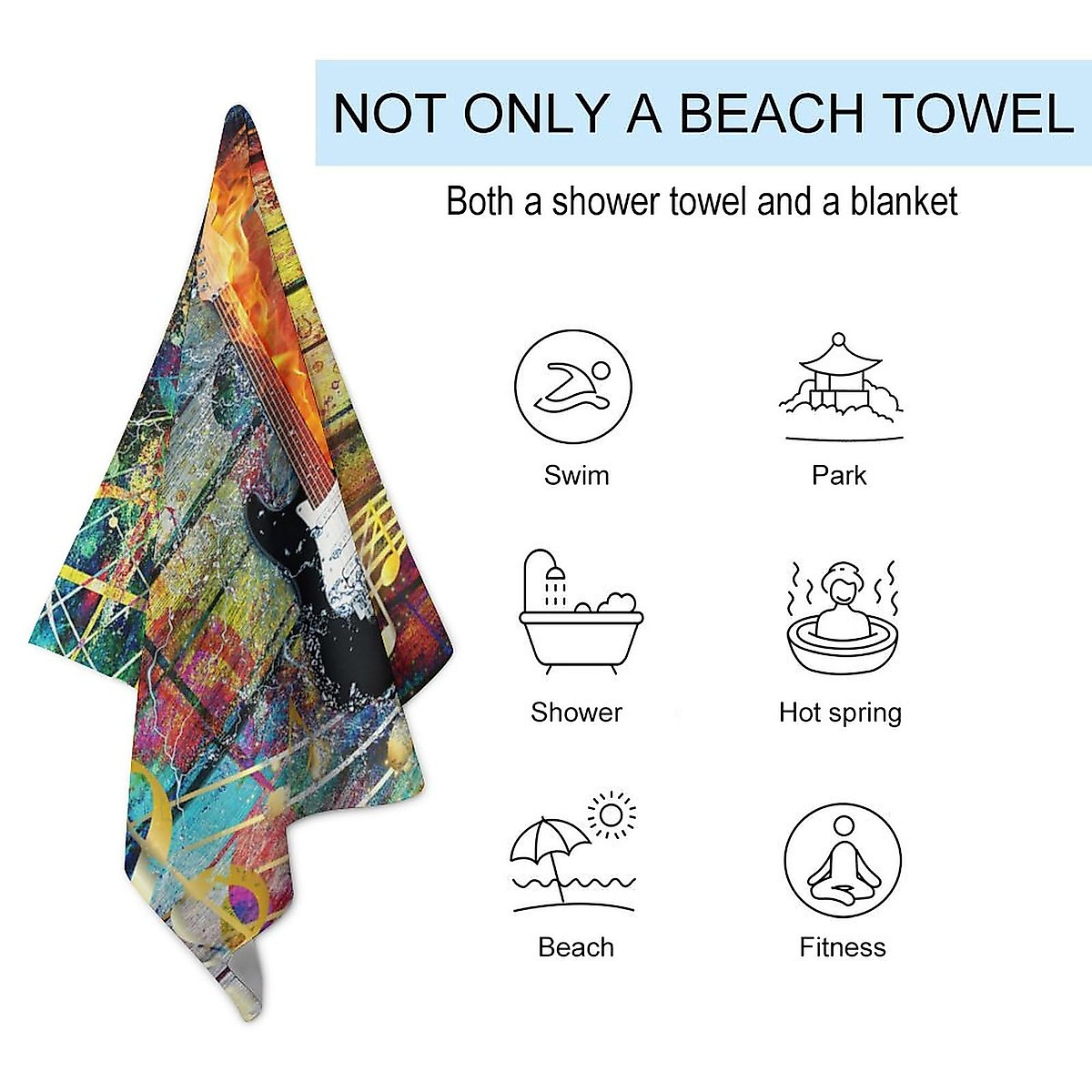 Brebasf Abstract Colorful Guitar Oversized Lightweight,Extra Large Soft Beach Towels Music Note Colorful Woodern Board Jazz Music Sauna Beach Gym,51W x31L