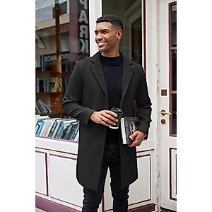 COOFANDY Winter Coats Men Black Notched Collar Overcoat Mid-Long Winter Wool Trench Coat Black Business Peacoat Black L