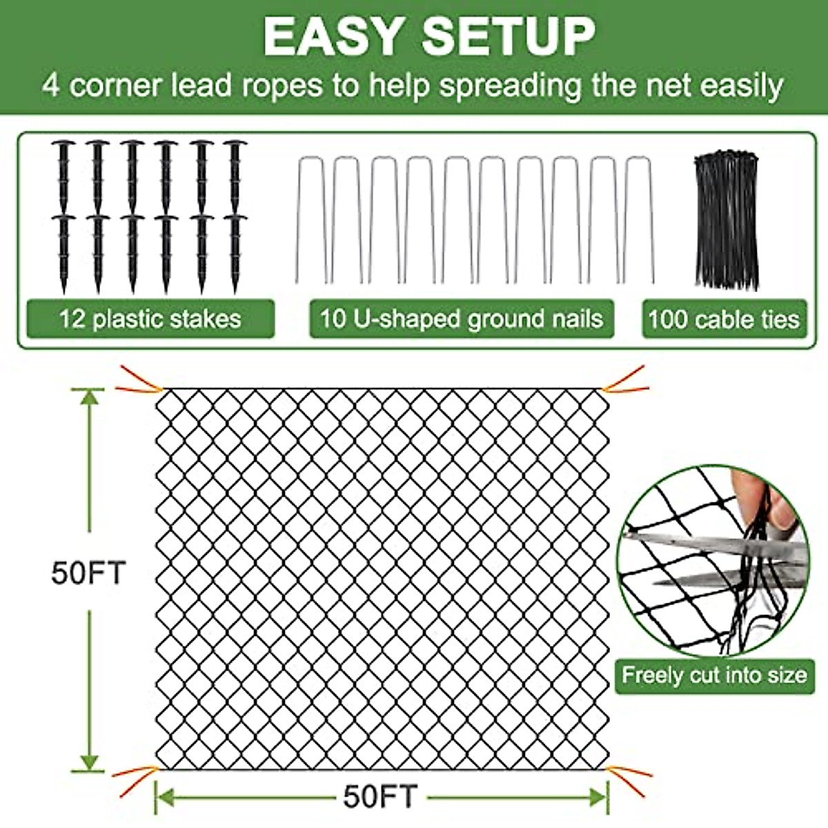 Bird Netting - 50’ x 50’ Poultry Netting with 2.4” Square Mesh for Chicken Coop, Bird Netting for Garden Protection, Heavy Duty Nylon Garden Mesh Netting for Fruit Tree Against Aviary, Deer, Squirrel