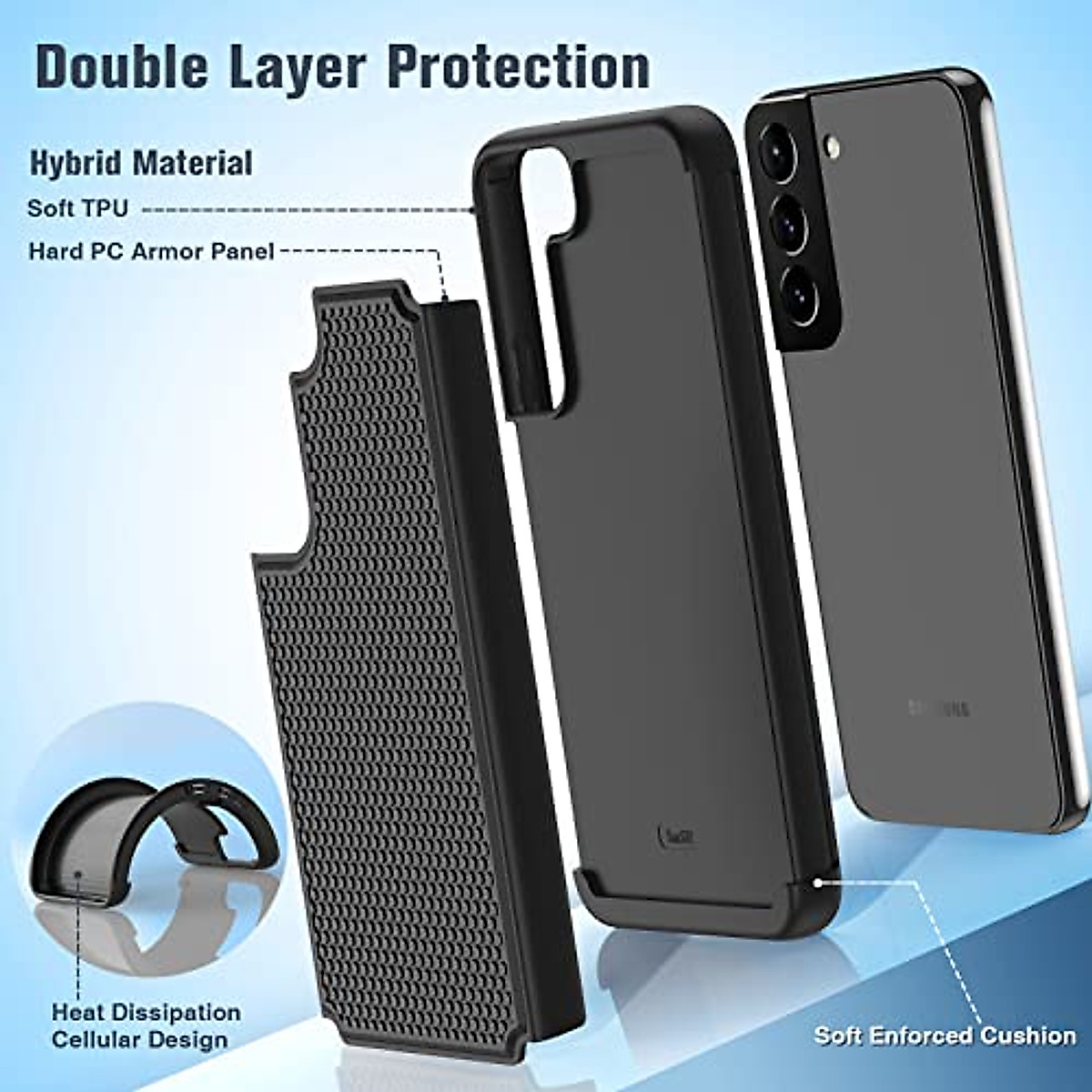 BNIUT for Samsung Galaxy S22 5G Case: Dual Layer Protective Heavy Duty Cell Phone Cover Shockproof Rugged with Non Slip Textured Back - Military Protection Bumper Tough - 6.1inch (Black Matte)