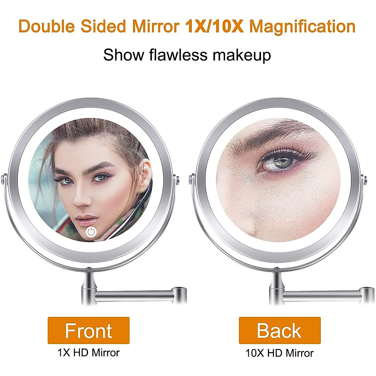 Wall Mounted Makeup Mirror, 1X 10X Magnification 360 Degree Rotation Double Sided Led Lighted Vanity Mirrors for Bathroom AC Adapter or Battery Operated