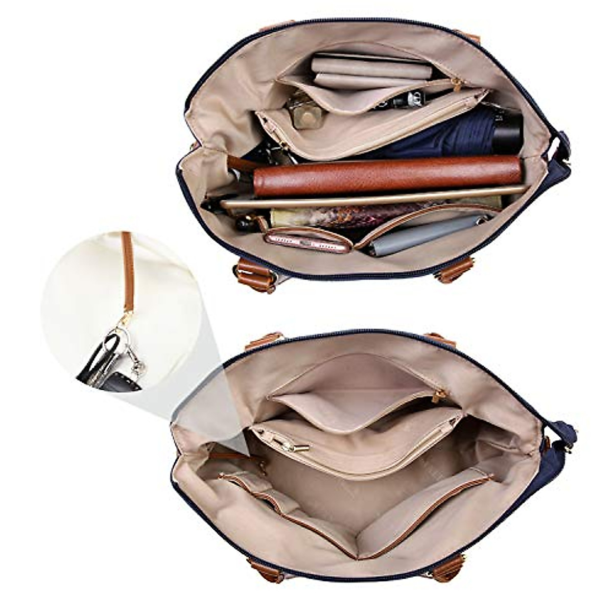 NNEE Water Resistance Nylon Top Handle Satchel Handbag with Multiple Pocket Design - Navy