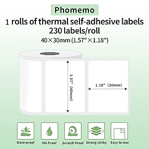 Phomemo Thermal Labels-for M110/M221/M220/M120/M200/M110S,1.57"x1.18"(40x30mm),230 Labels/Roll, for Barcode/Address/Mailing/Logo/Business/Home Tag