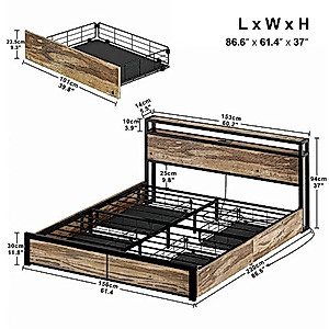 LIKIMIO Queen Bed Frame with Storage Drawer, 2-Tier Storage Headboard with Charging Station, No Box Spring Needed, Easy Assembly, Rustic Brown