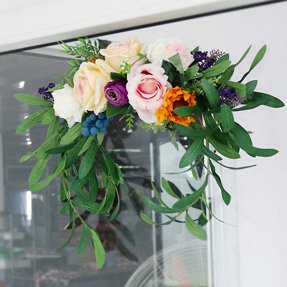 NMFIN Artificial Flower Swag, Handmade Floral Simulation Rose Peony Swag Arch Wreath Centerpiece for Wedding Home Front Door Garden Lintel Decoration