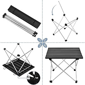 Tesouro Portable Camping Table,Folding Side Table Aluminum Top for Outdoor Cooking, Hiking, Travel, Picnic (Small, Black)