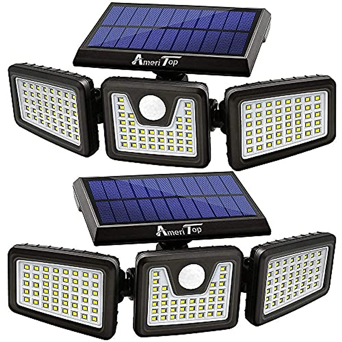 AmeriTop Bundle - 2 Pack Black LED Solar Motion Sensor Lights & 2 Pack White LED Solar Motion Sensor Lights; 128 LED 800LM, 3 Adjustable Heads, 270° Wide Angle Illumination, IP65 Waterproof