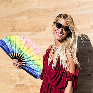 Hand Fans for Women Foldable,Large Folding Hand Rave Fan,Folding Hand Fan,Folding fan,Hand Fans,Pride Fan,Bamboo and Nylon-Cloth Folding Hand Fan,Folding Fan Dance Fan for Women Men (Glitter Rainbow)