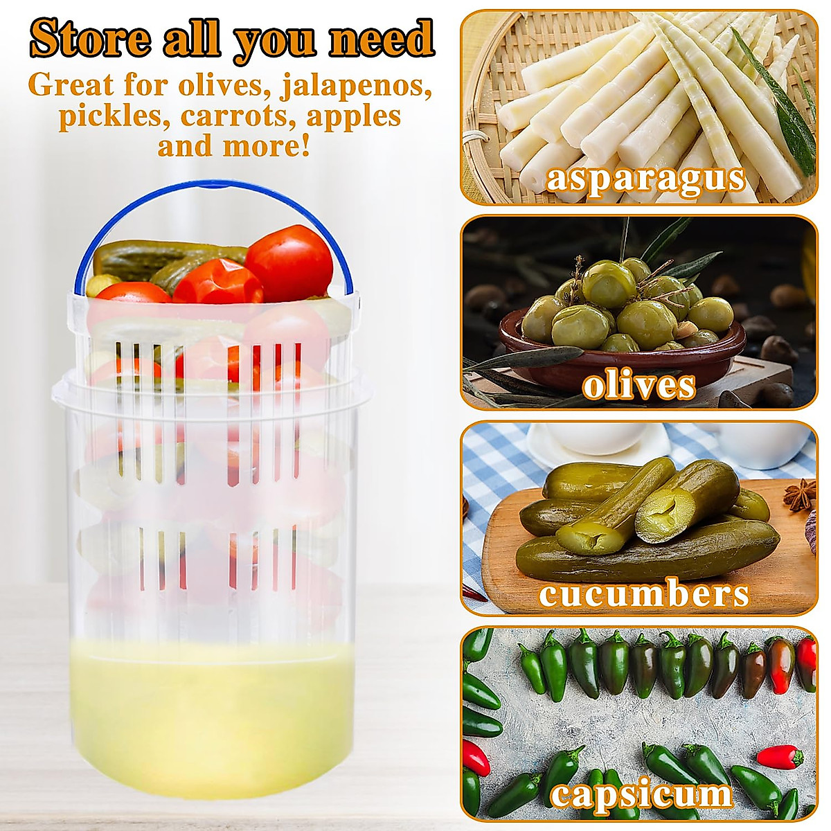 4 Pcs Pickle Container with Strainer,24 oz Pickle Jar with Leak Proof and Lock It Lid,Pickle Holder Keeper Lifter for Olive Jalapeno Juice Food Storage