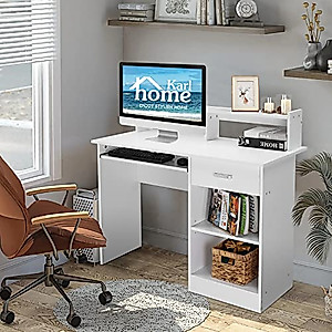 Karl home Computer Desk Study Writing Desk, Wooden Home Office Workstation PC Laptop Table with Drawer Shelf Keyboard Tray, White