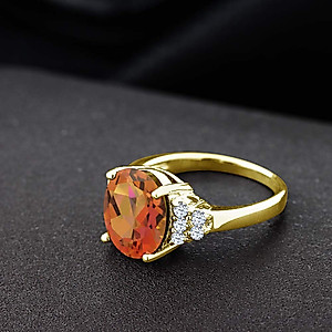 Gem Stone King 18K Yellow Gold Plated Silver Twilight Orange Mystic Quartz and White Created Sapphire Ring For Women (4.40 Cttw, Gemstone Birthstone, Available In Size 5, 6, 7, 8, 9)