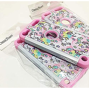 Apple iPod Touch 5,6th Case, iPod 7th Generation Case, Rainbow Unicorn Pattern Shockproof Studded Rhinestone Crystal Bling Hybrid Case Silicone Protective Armor for Apple iPod Touch 5 6th Generation