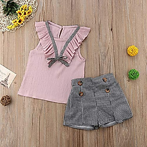 Mubineo Toddler Baby Girl Sleeveless Tops Plaid Button Summer Shorts Set Clothes Outfits (Pink, 7)