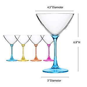 Lily's Home Unbreakable Plastic Martini Glasses with Colored Stem. Made of Shatterproof Polycarbonate Plastic and Ideal for Indoor and Outdoor Use, Reusable (9 oz. Each, Set of 4)