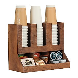 TQVAI Bamboo Coffee Station Organizer, 6 Compartments Condiment Rack Breakroom Accessories Caddy for K Pods, Snack, Tea Bags, Disposable Cups, Retro Brown