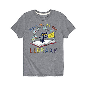 Instant Message - Pete The Cat - Meet Me at The Library - Youth Short Sleeve Graphic T-Shirt - Size Medium Athletic Heather