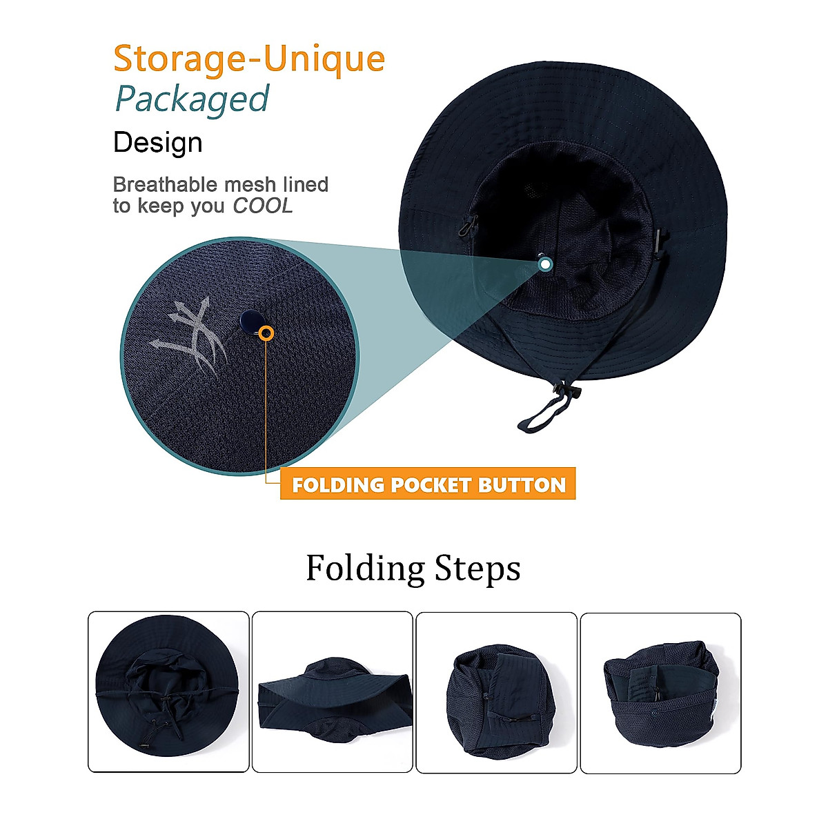 Waterproof Sun UPF 50+ Bucket Hat UV Protection Packable Brimmed Boonie for Women Men Summer Lightweight Hiking Outdoor Cap Navy Blue