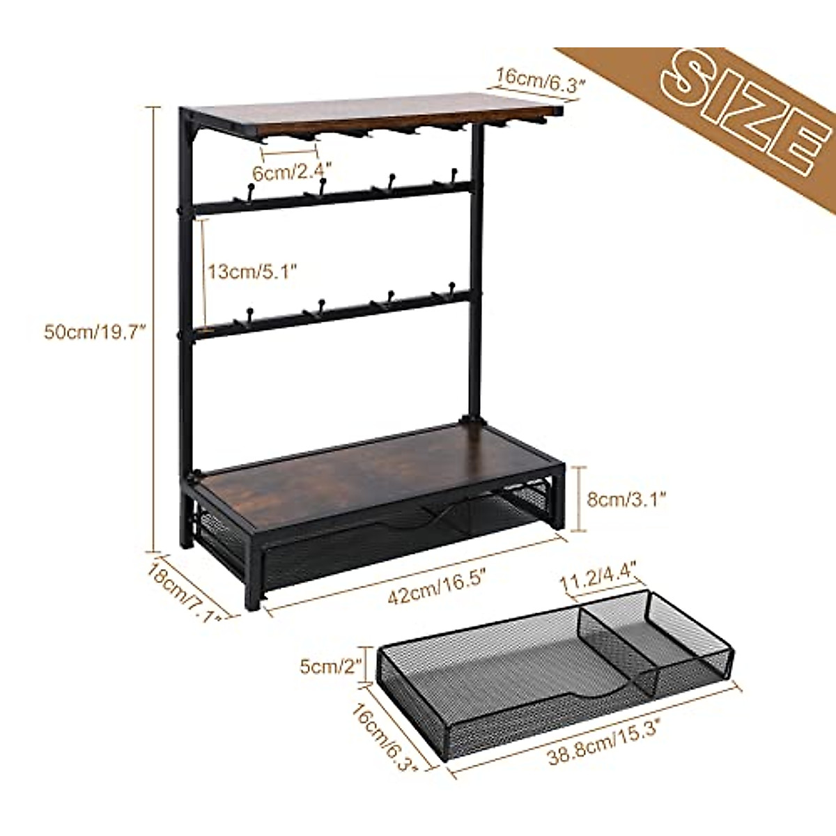 TQVAI Coffee Pods Drawer with Mug Hooks, 50 Capacity Coffee Pod Holder, Coffee Station Organizer for K Cups, Tea Bags, Espresso Capsule Coffee Creamer, Black/Archaize