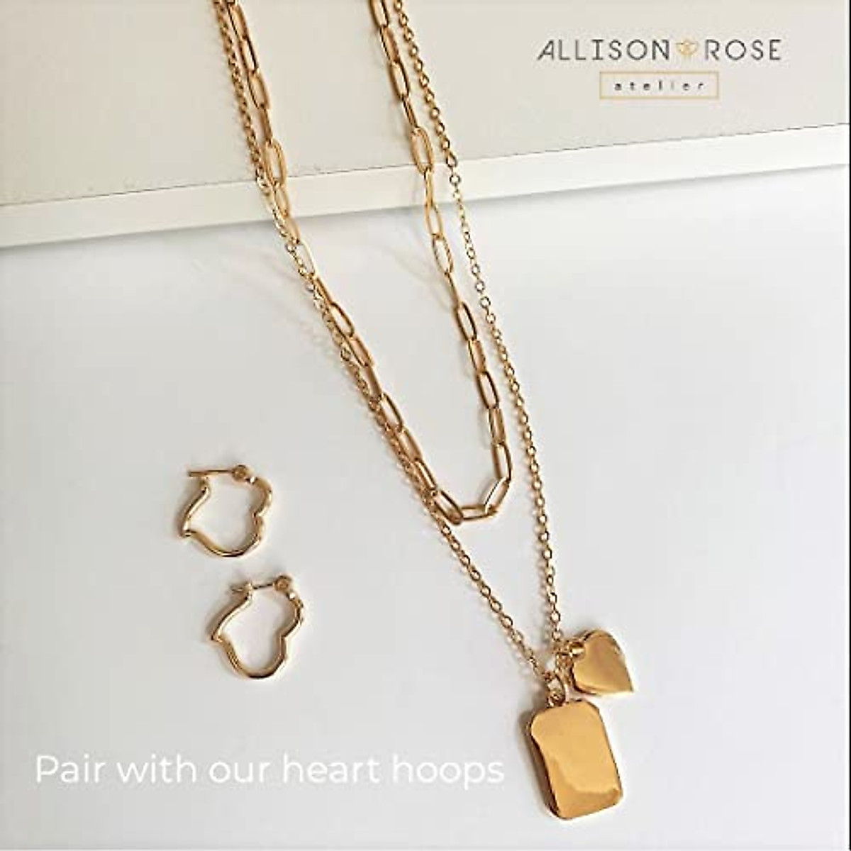ALLISON ROSE ATELIER 2pc Heart Dog Tag Necklace or 2pc Toggle Paperclip Necklace with Detachable Pearl – 16k Gold Plated Adjustable Layering Pendant Sets - Layered Necklaces for Women, No Gemstone